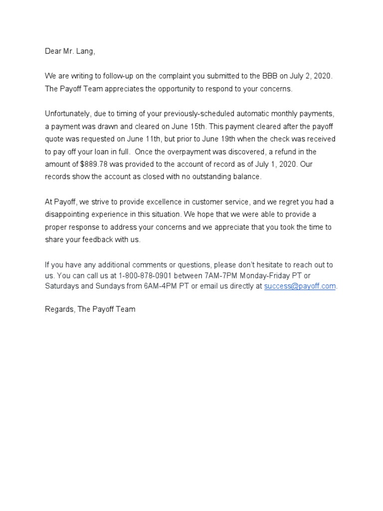 135 (Response) - BBB - Payoff Quote (Lang) 3 | PDF