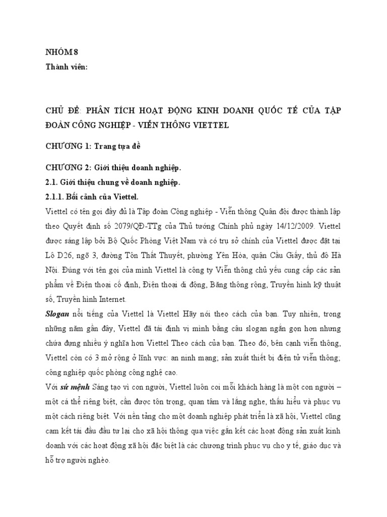 Nhóm 8 (KDQT) - Đề cương tiểu luận - Bài nghiên cứu doanh nghiệp Viettel | PDF