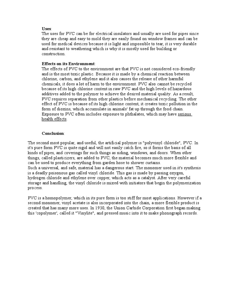 The Uses, Environmental Effects and Production of Polyvinyl Chloride ...