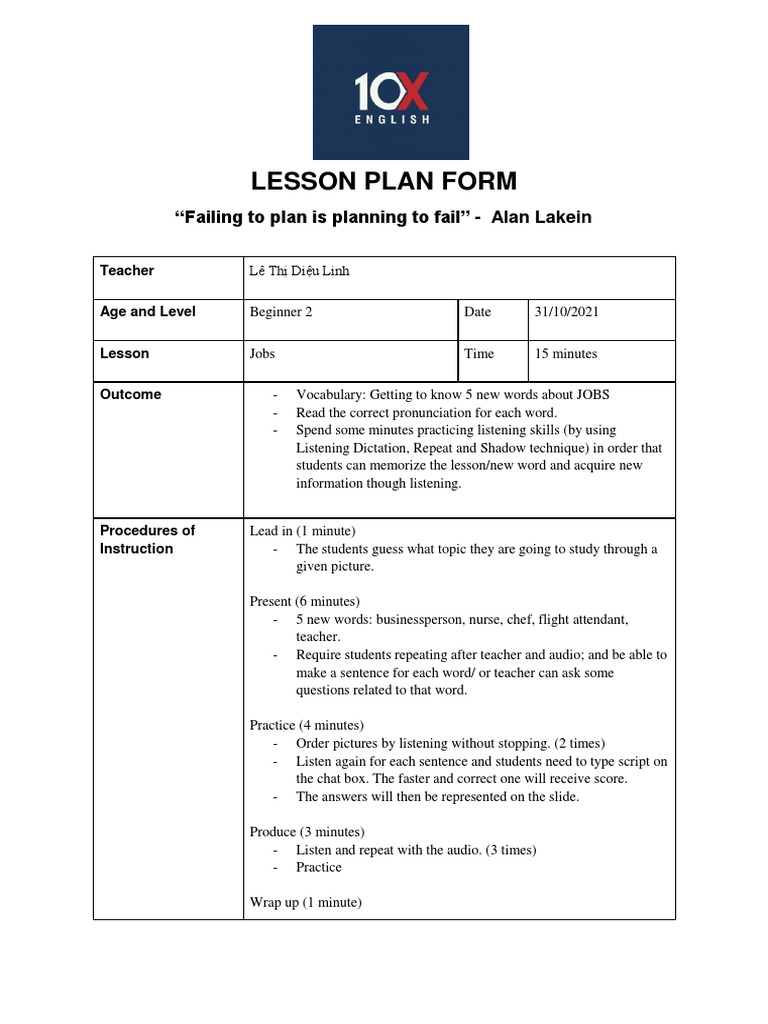 Lesson Plan Form: "Failing To Plan Is Planning To Fail" - Alan Lakein | PDF