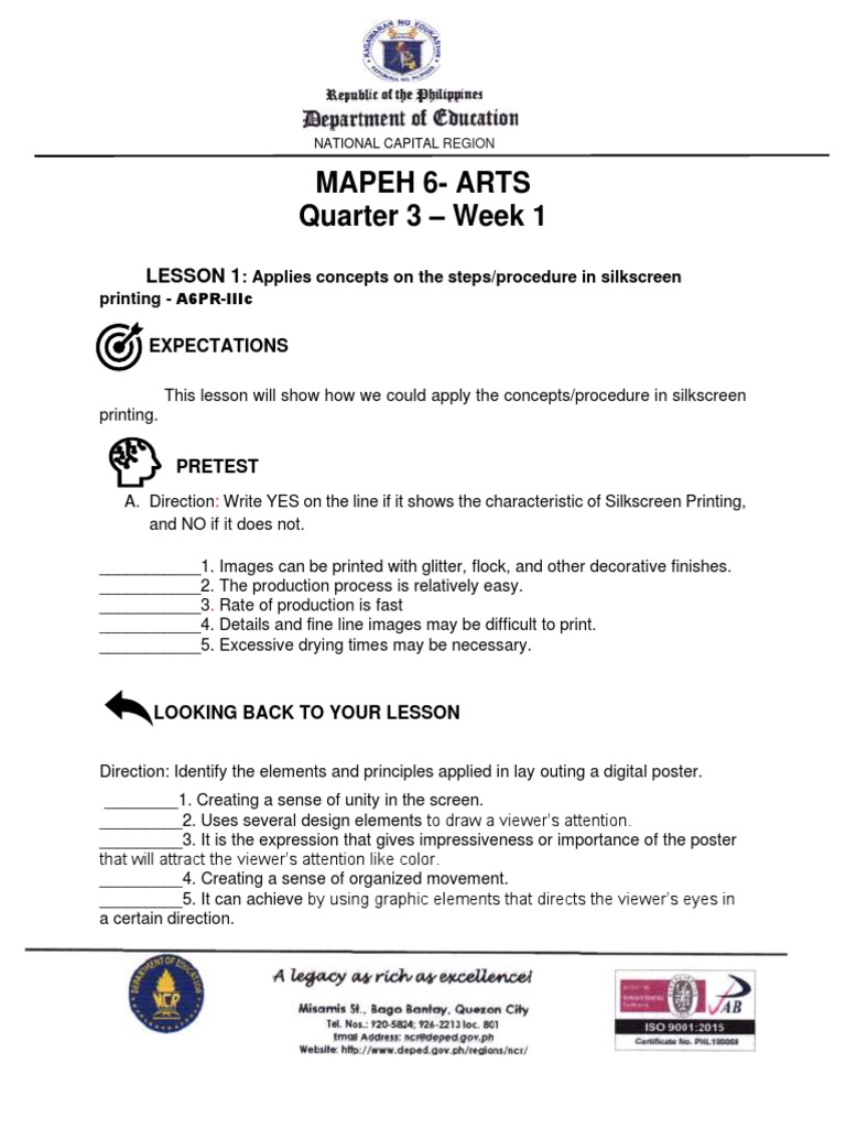 Mapeh 6-Arts Quarter 3 - Week 1: Lesson 1 | PDF | Materials | Artistic ...