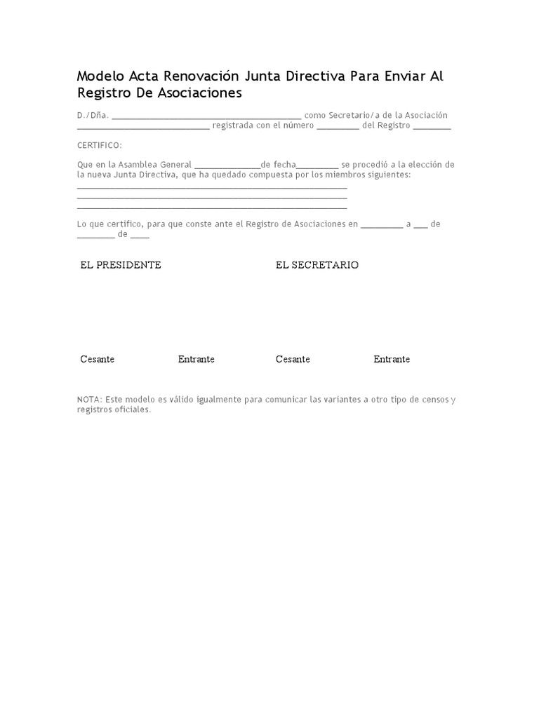 Modelo Acta Renovación Junta Directiva para Enviar Al Registro de Asociaciones | PDF
