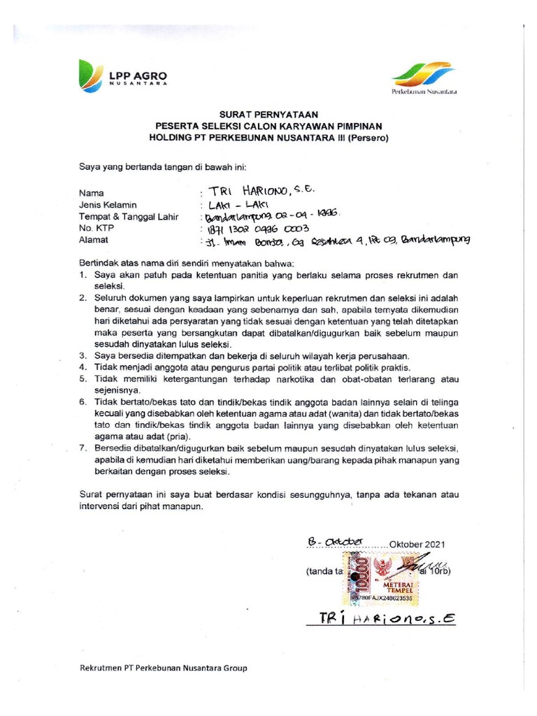 Surat Pernyataan Ptpn-Dikonversi-Dikompresi | PDF