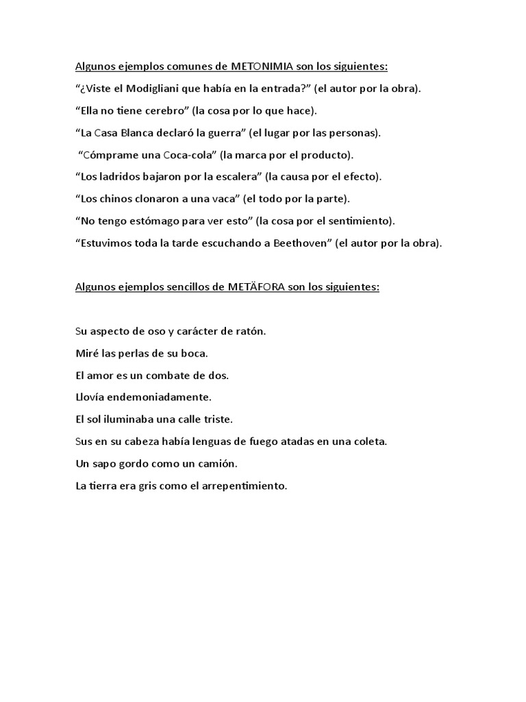 Ejercicios METONIMIA y MetaforasCorregidos | PDF | Arte