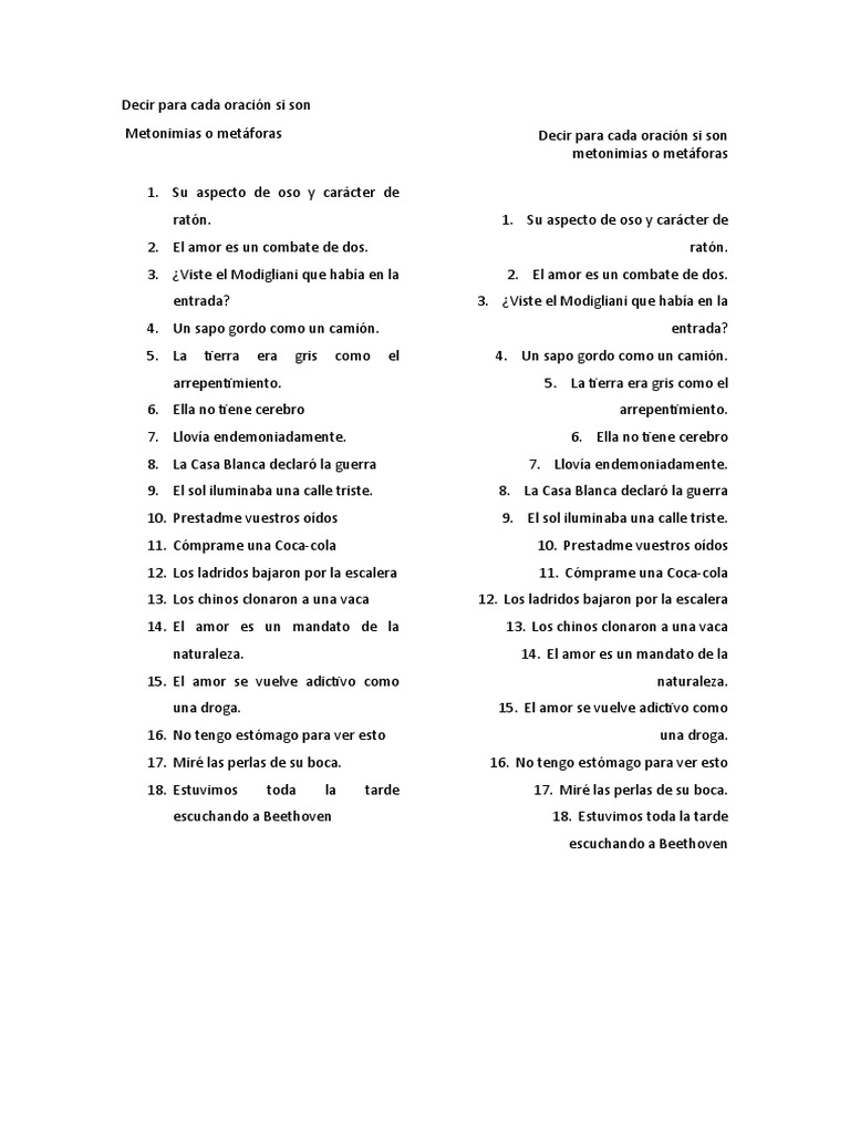 EJERCICIOS Metonimia y Metaforas Alumnos | PDF