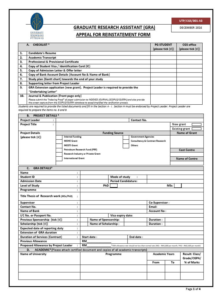 GRA - Appeal For Reinstatment Form | PDF | Thesis | Postgraduate Education