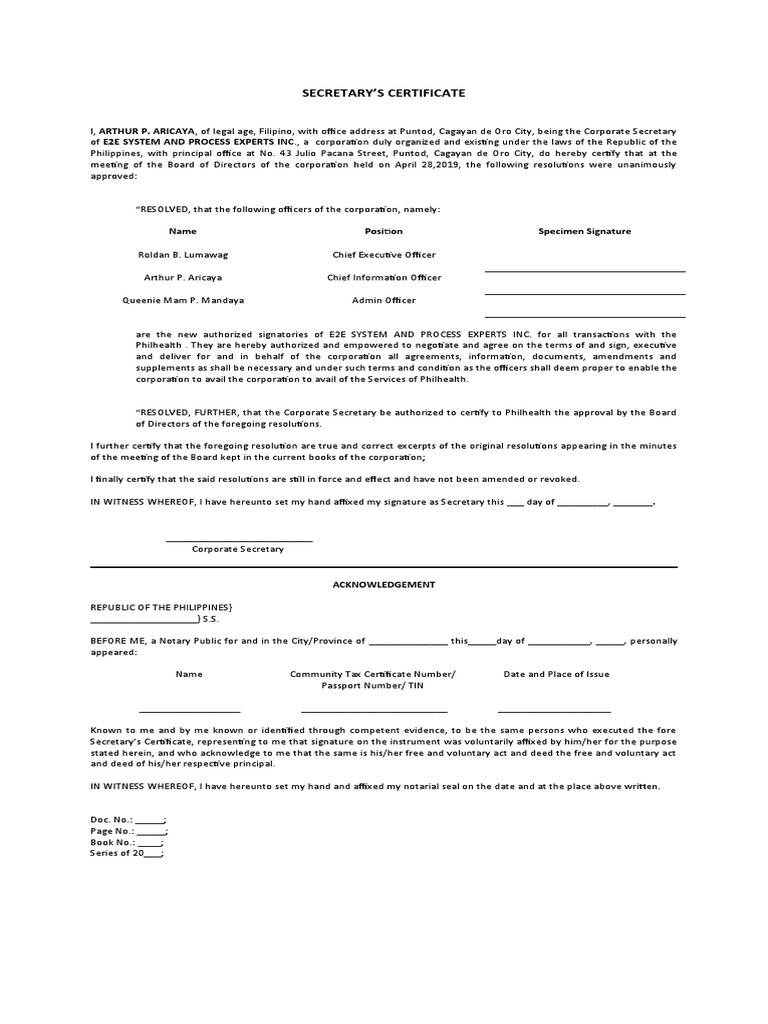 E2e - Secretary Certificate (Updated) | PDF | Signature | Justice