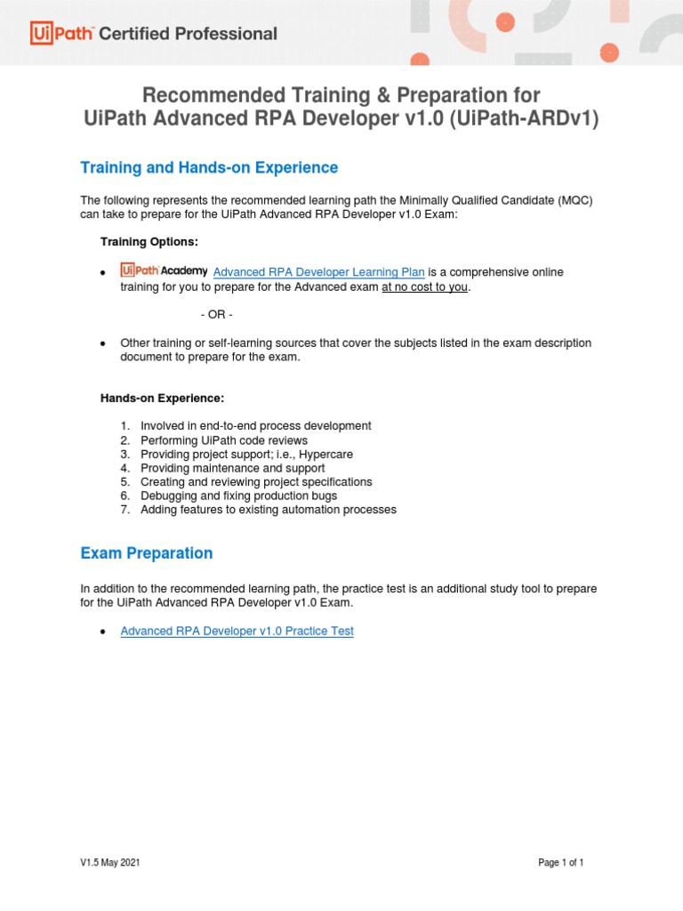 UiPath Certified Professional - Advanced RPA Developer v1.0 Recommended ...