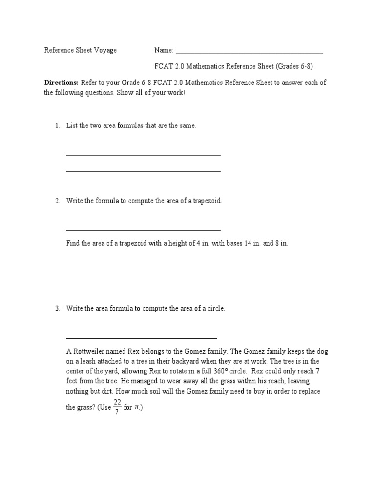 FCAT 2.0 Math Reference Sheet Guide | PDF | Area | Geometry
