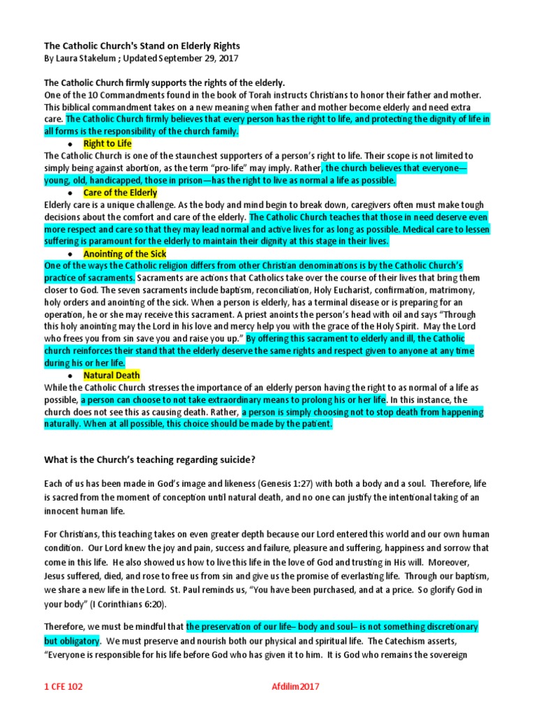 The Catholic Church Teaching On Care of Elderly, Suicide and Euthanasia ...