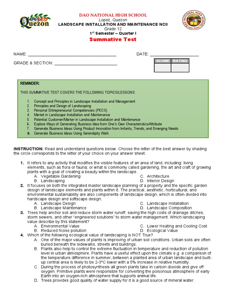LIM - Summative Test 2 | PDF | Plants | Ecology