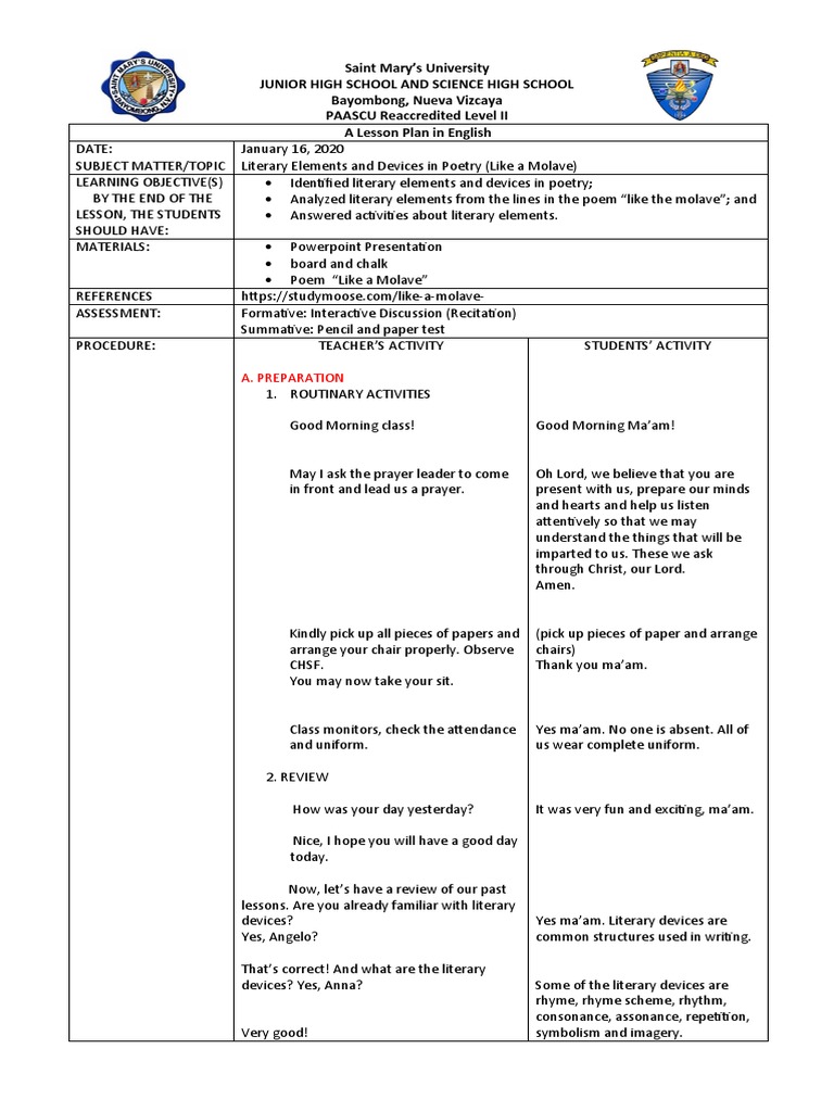 Lesson Plan Like The Molave | PDF | Lesson Plan | Rhyme