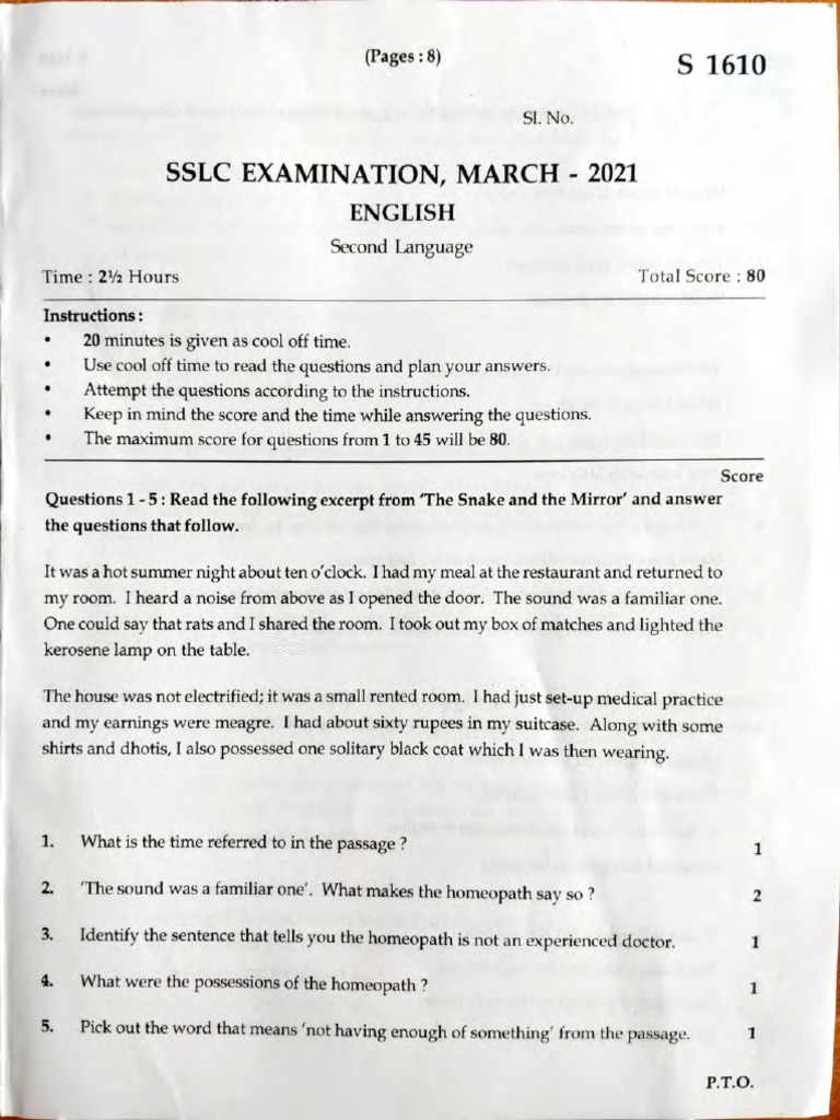 SSLC Exam 2021 - English Question Paper | PDF