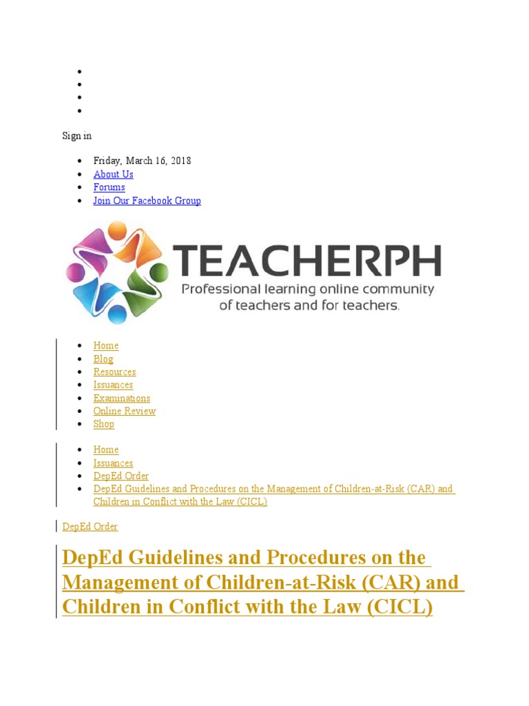 Deped Guidelines and Procedures On The Management of Children-At-Risk ...