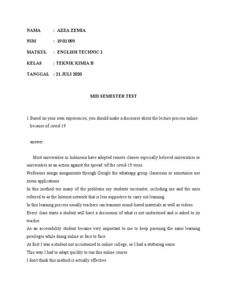 Mid Semester Test English 1 | PDF | Internet | Learning