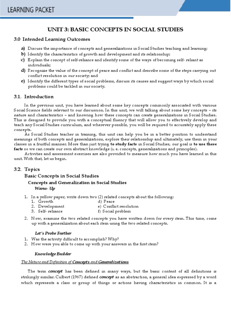 Unit 3: Basic Concepts in Social Studies: 3.0 Intended Learning ...