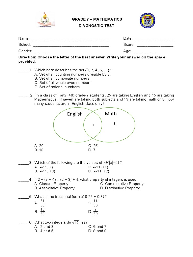 Grade 7 Math Diagnostic Test | PDF | Triangle | Circle