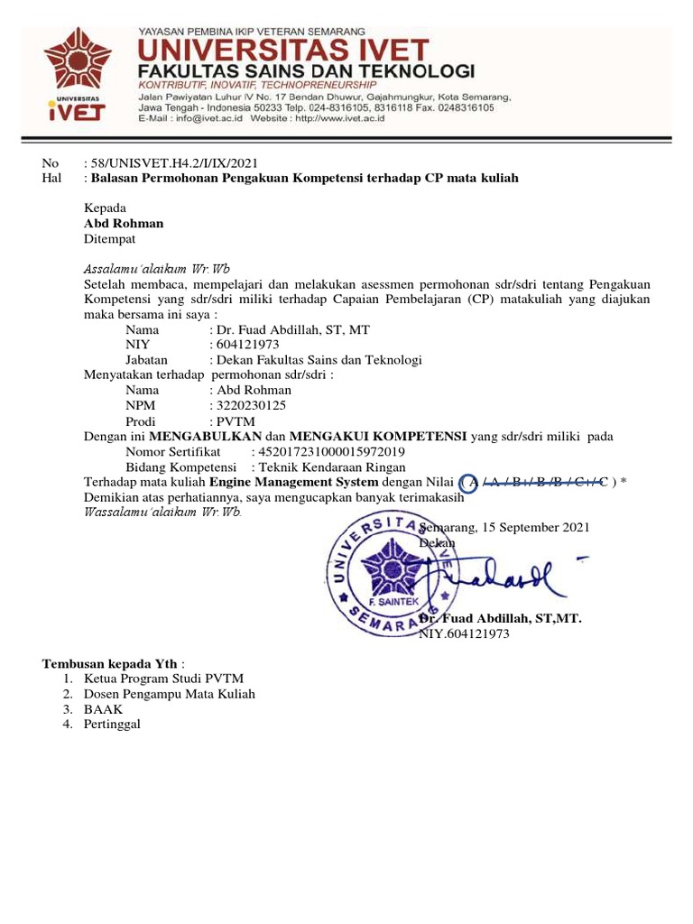 58-58.b. Surat Balasan Mhswa Tentang Sertifikat LSP Abd Rohman | PDF