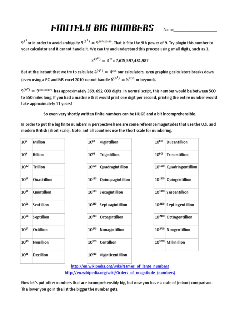 2.E Finitely Big Numbers KEY | PDF | Infinity | Exponentiation