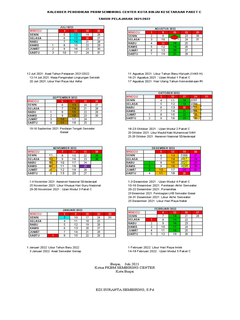 Kalender Pendidikan PKBM Sembiring Center Kota Binjai Kesetaraan Paket ...