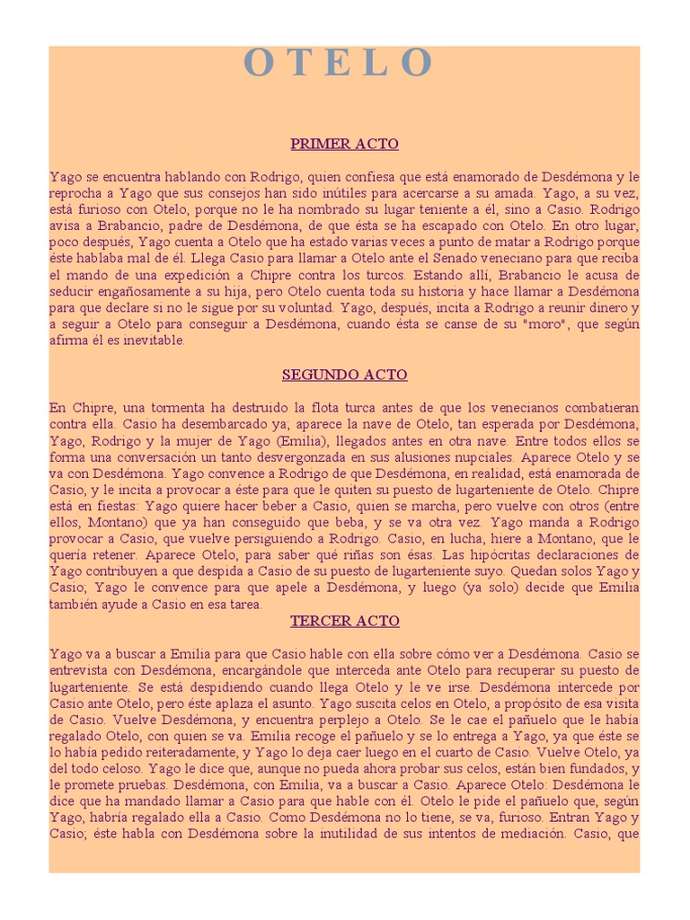 Otelo Resumen | PDF | OTELO | Tragedias de Shakespeare