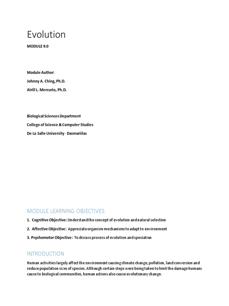 Evolution: Module Learning Objectives | PDF | Natural Selection | Evolution