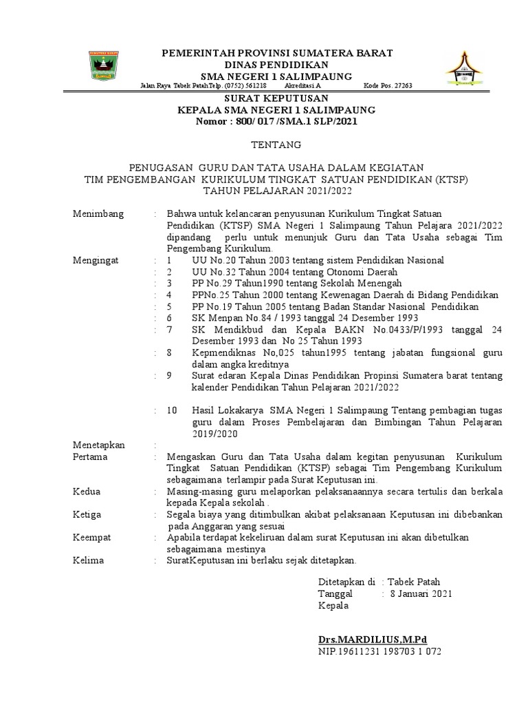 SK Tim Pengembang Kurikulum (TPK) Sekolah Yang Dilengkapi Dengan Uraian Tugas Dan Rencana Kerja ...