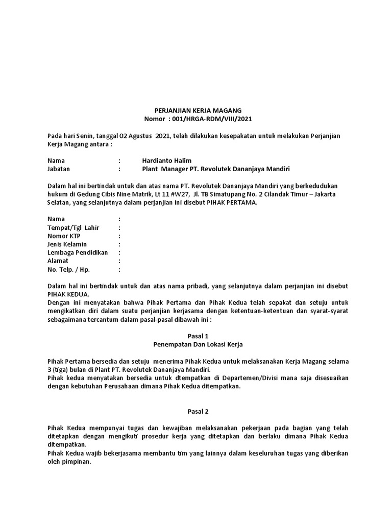 Perjanjian Kerja Magang di Revolutek | PDF