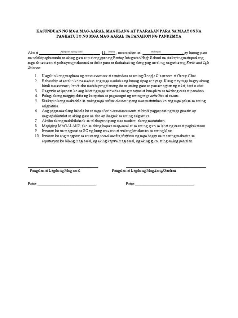 Kasunduan Sa Pagitan NG Mag-Aaral, Magulang at Guro | PDF