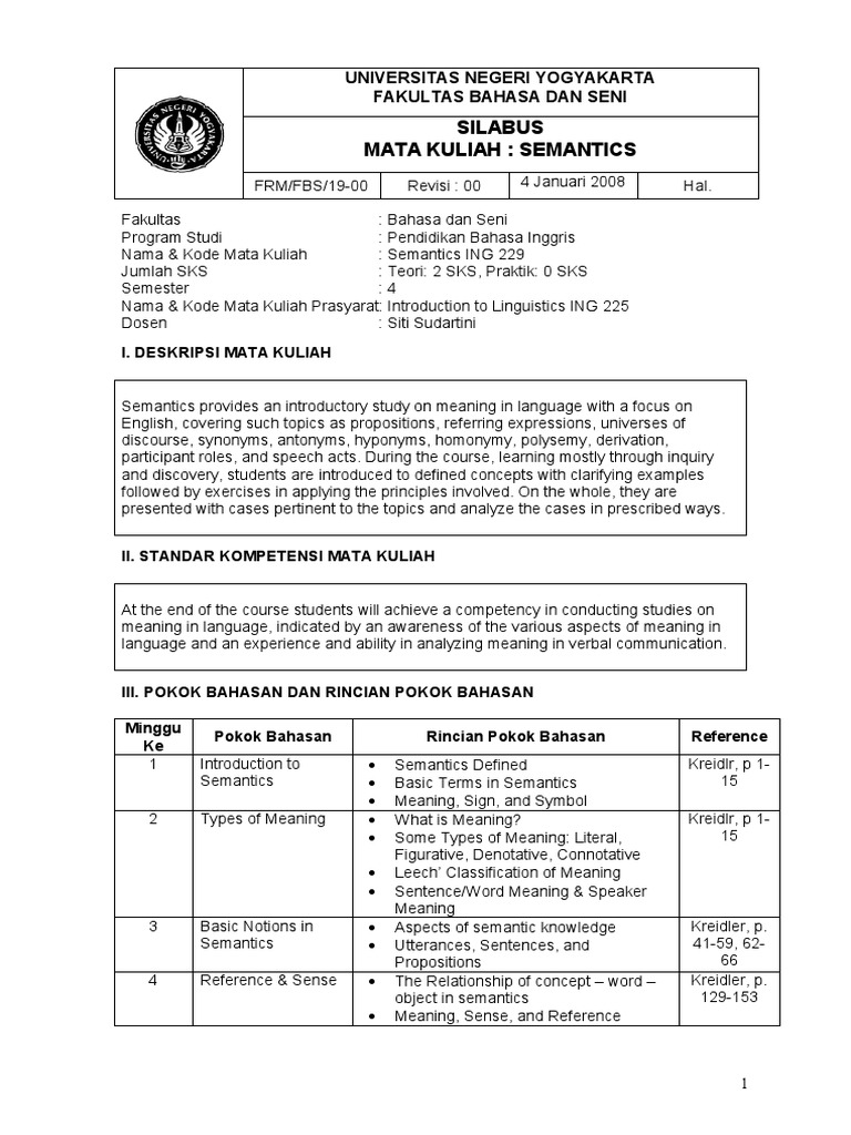 An Introduction to Semantics: A Course Syllabus for Semantics ING 229 | PDF | Lexical Semantics ...