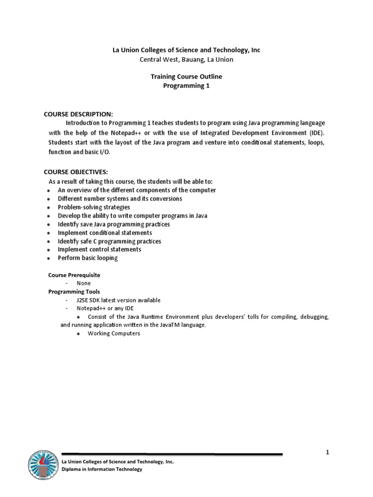 Programming 1 Course Outline Pdf Computer Programming Method Computer Programming