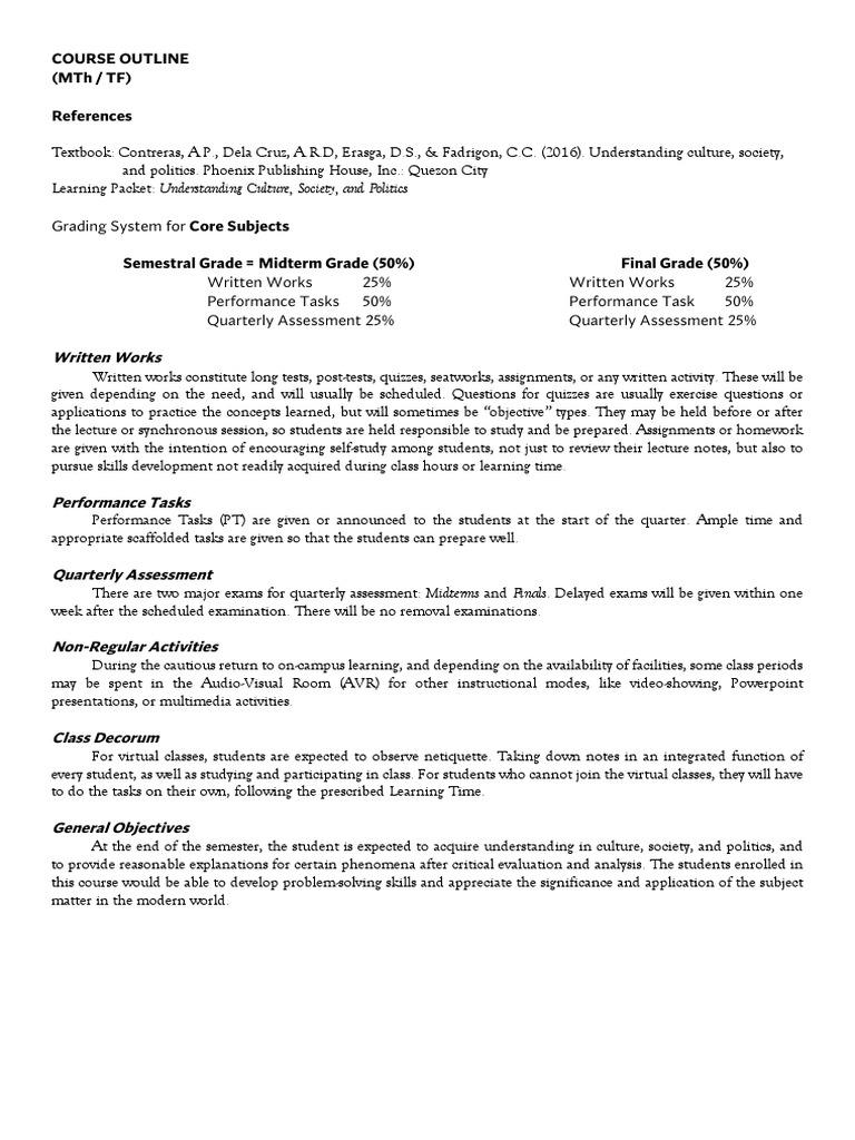 SOC 101 Course Outline Q2 | PDF | Test (Assessment) | Socialization