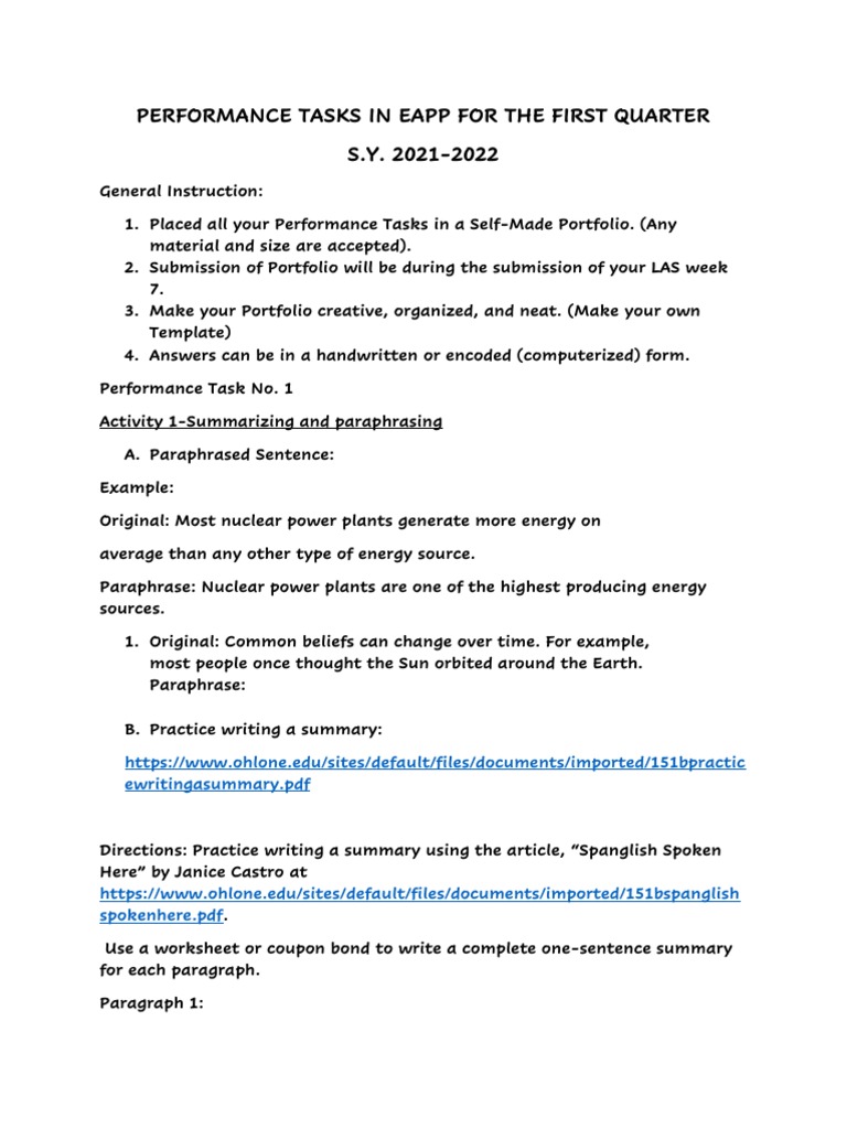 Performance Tasks in EAPP 2021 First Quarter | PDF | Cognition | Cognitive Science