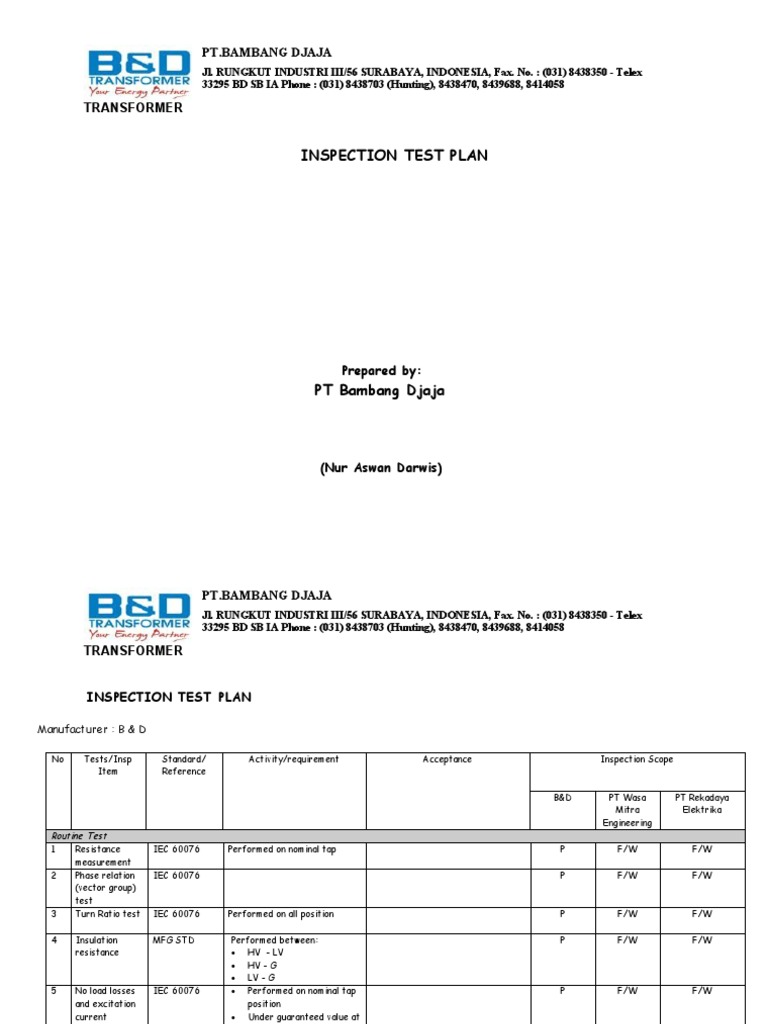 Inspection Test Plan: PT - Bambang Djaja | PDF | Transformer | Electronics