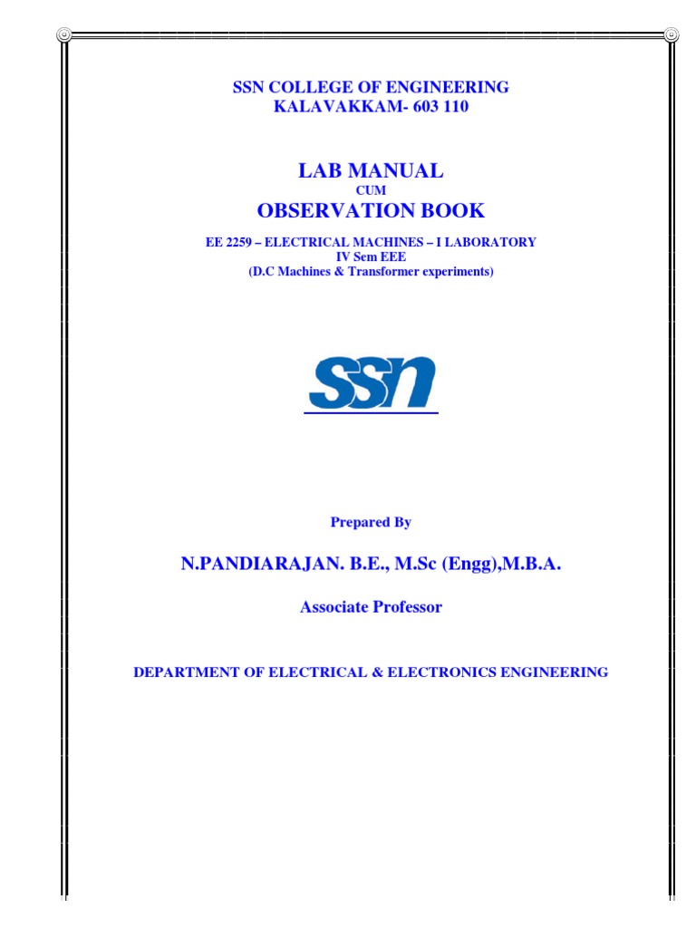 Electrical Machines I Lab Manual | PDF | Electric Generator | Direct ...