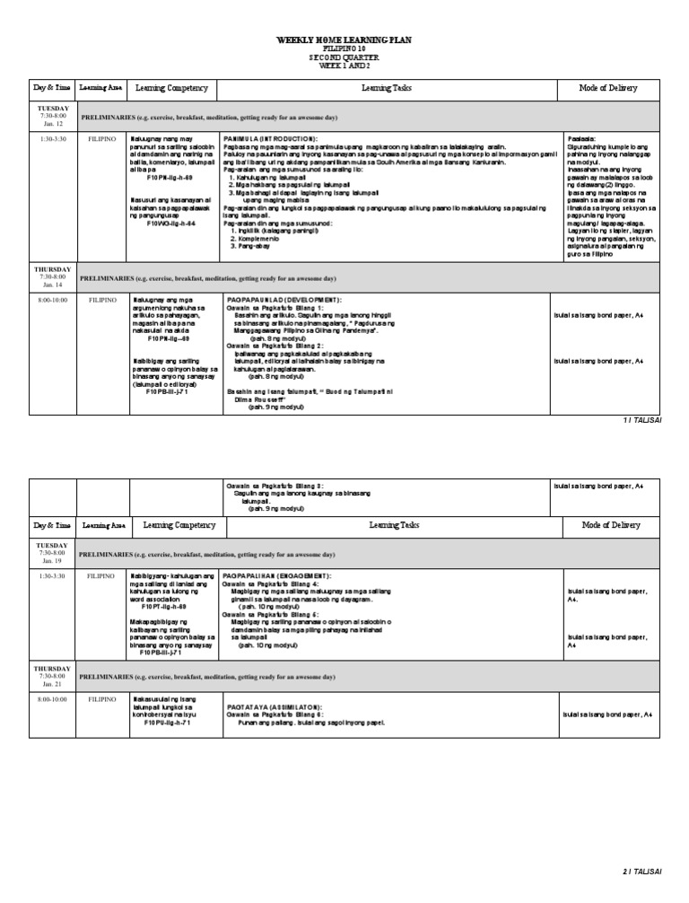 FILIPINO 10-WHLP-Week1-2 (SecondQuarter) | PDF