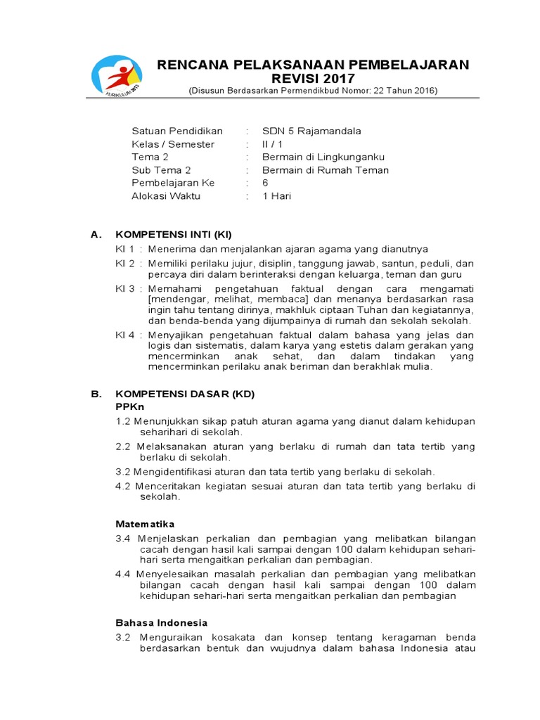 RPP Kelas 2 Tema 2 Sub 2 PB 6 Bermain Di Rumah Teman | PDF