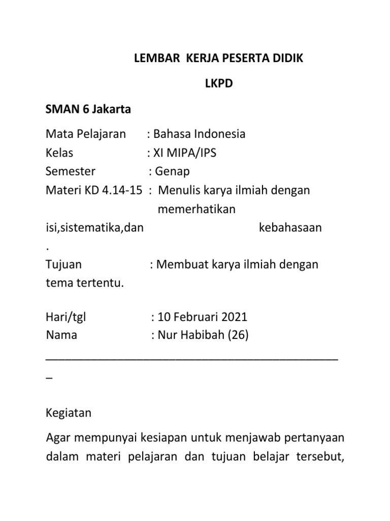 Lembar Kerja Peserta Didik Xii 4.14-15 - Nur Habibah (26) Xi Mipa I | PDF