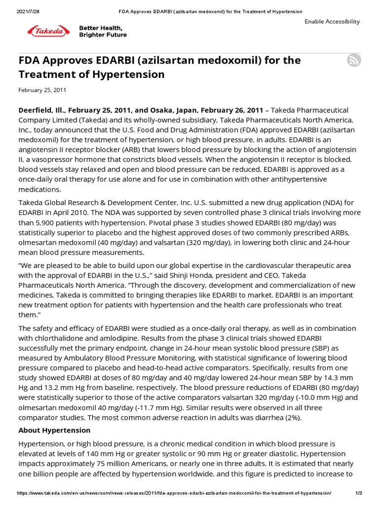 2011-02-25 FDA Approves EDARBI (Azilsartan Medoxomil) For The Treatment ...