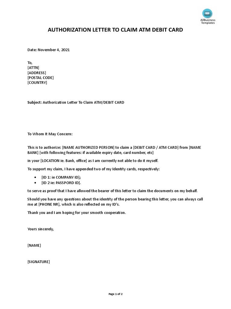 Authorization Letter To Claim Atm Debit Card | PDF