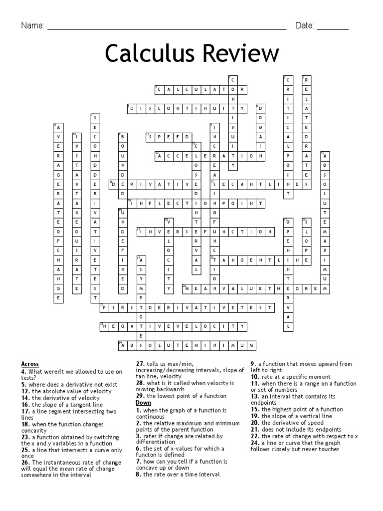 Calculus Crossword Puzzle Review | PDF | Derivative | Velocity