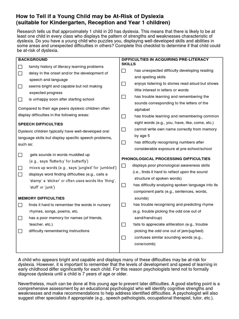 Checklist to Identify Risk of Dyslexia in Young Children | PDF ...