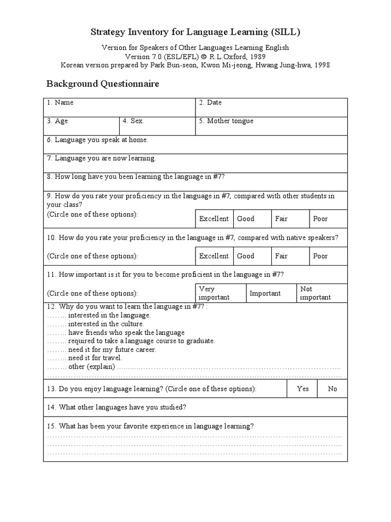 Strategy Inventory For Language Learning (SILL) | PDF | English As A ...