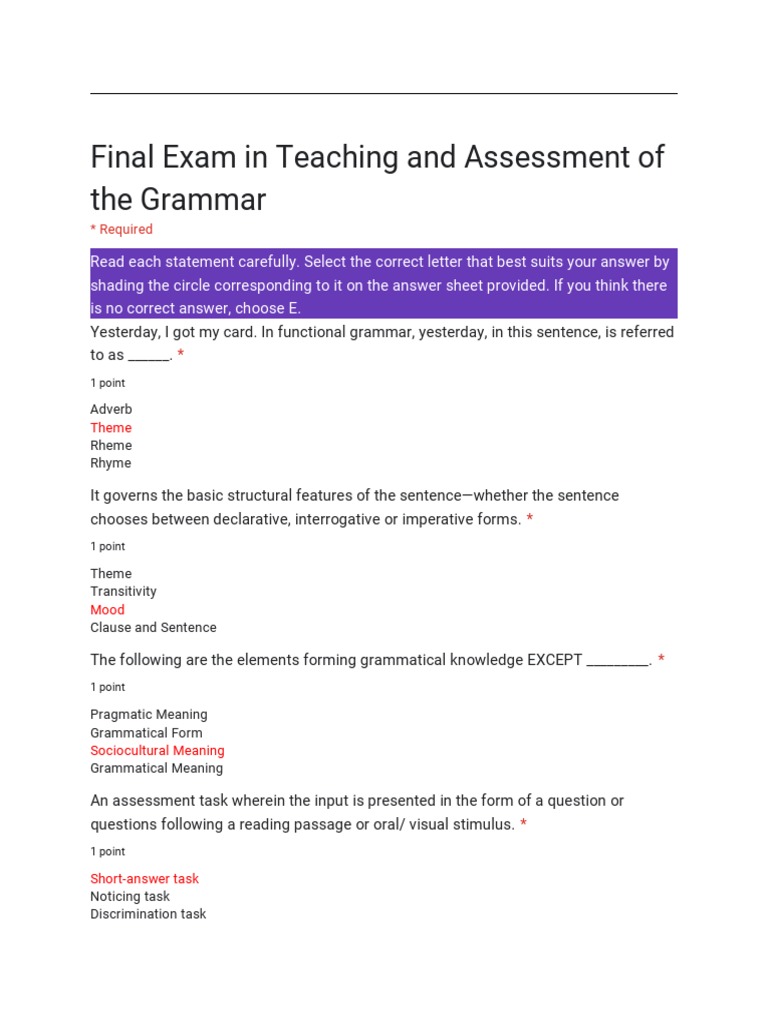 Final Exam in Teaching and Assessment of The Grammar | PDF | Grammar ...
