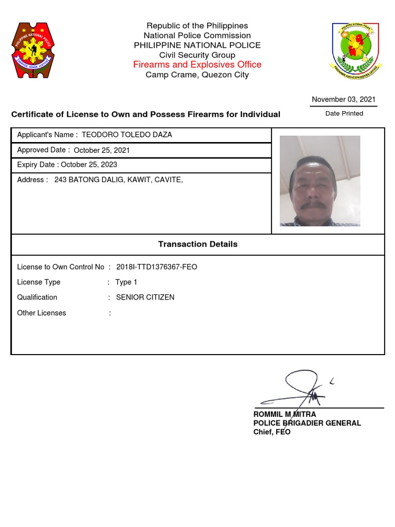 Philippine Firearms Ownership Certificate | PDF