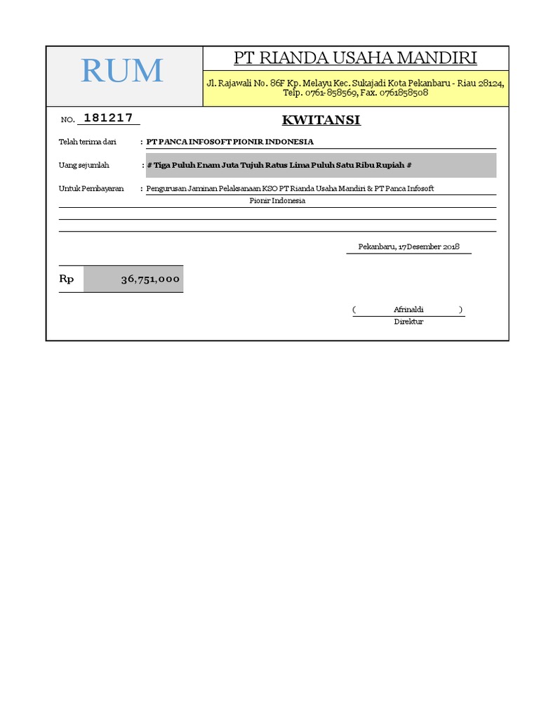 Kwitansi Pembayaran PT Rianda Usaha | PDF