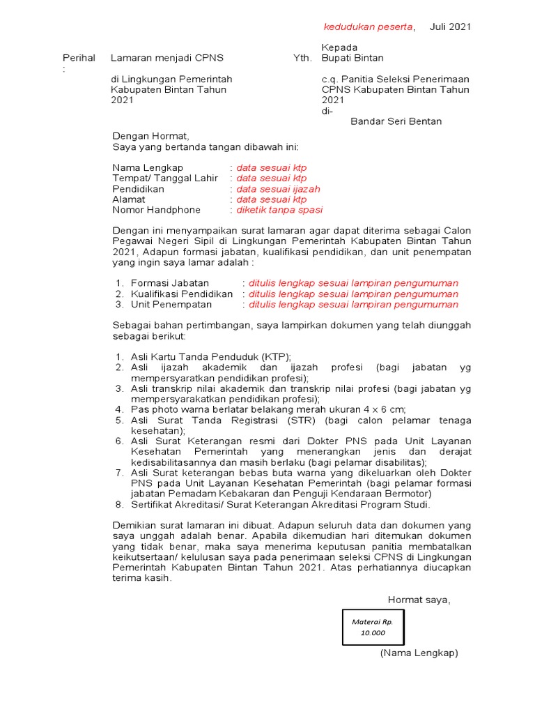 Format Surat Lamaran CPNS | PDF