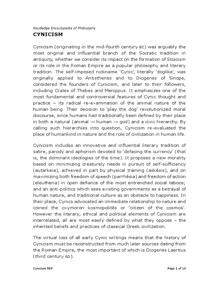 Cynicism: Routledge Encyclopedia of Philosophy | PDF | Socrates
