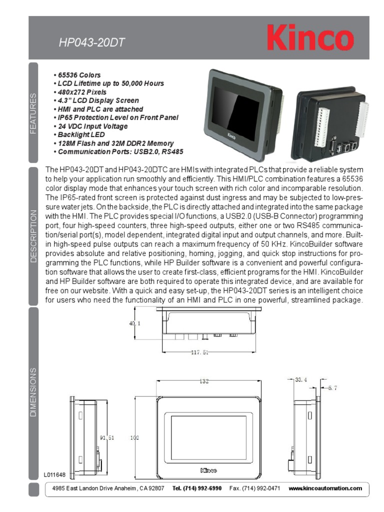 L011648 - HP043-20DT Kinco Spec Sheet | PDF | Programmable Logic Controller | Computing