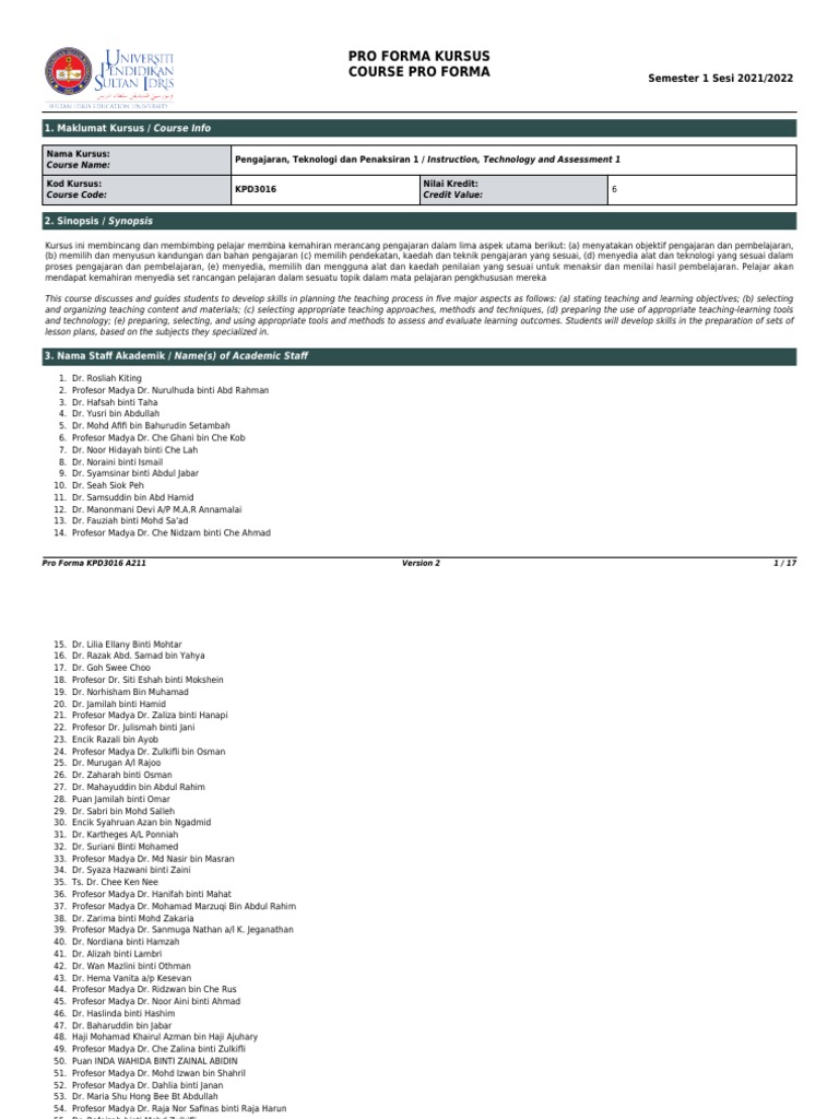 "Panduan Kursus Pengajaran KPD3016" | PDF